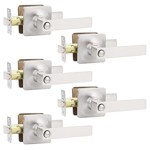 GOBEKOR 5 Pack Interior Brushed Nickel Bedroom Door Handles with Lock Privacy Door Levers Bathroom Lever, Square Rosette