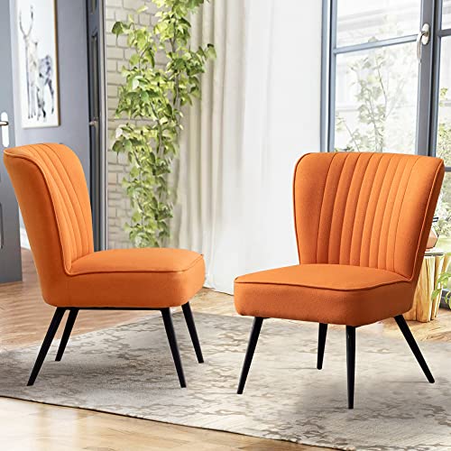 Alunaune Orange Accent Chair Set of 2 Upholstered Living Room Chairs Modern Bedroom Furniture Sets Armless Slipper Club Chair Guest Reception Couch Comfy Wingback Single Sofa