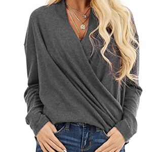 EVALESS Womens Casual V Neck Wrap Long Sleeve Knit Pullover Tops Sweater Shirts Gray M