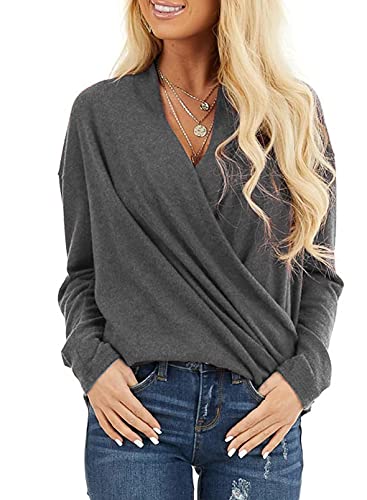 EVALESS Womens Casual V Neck Wrap Long Sleeve Knit Pullover Tops Sweater Shirts Gray M