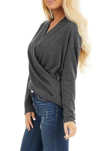 EVALESS Womens Casual V Neck Wrap Long Sleeve Knit Pullover Tops Sweater Shirts Gray M