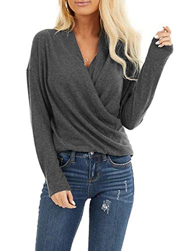 EVALESS Womens Casual V Neck Wrap Long Sleeve Knit Pullover Tops Sweater Shirts Gray M