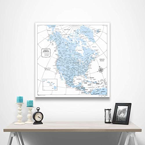 Push Pin North America Map Board - With Push Pins to Mark North America Travel - Handmade in Ohio, USA - Design: Light Blue Color Splash