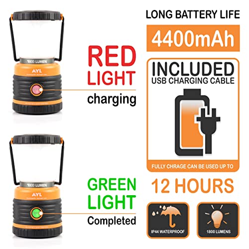 LED Camping Lantern Rechargeable, 1800LM, 4 Light Modes, 4400mAh Power Bank, IP44 Waterproof, Perfect Lantern Flashlight for Hurricane, Emergency, Power Outages, Home and More, USB Cable Included