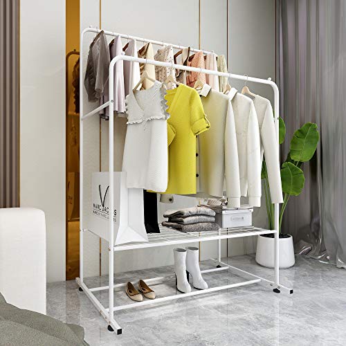 HOJINLINERO Clothing Garment Rack White Heavy Duty Commercial Grade for Hanging Clothes with Metal Mesh Shelves