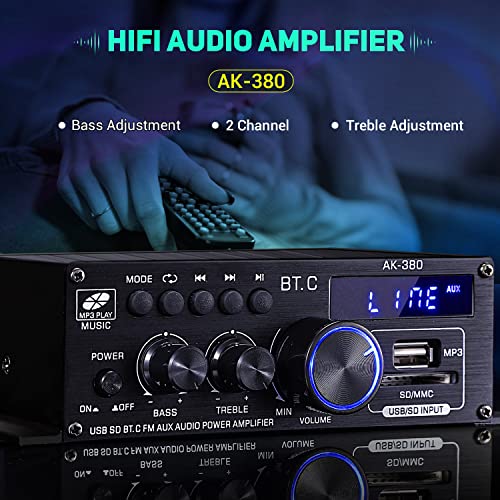 Facmogu AK380 Max 200Wx2 Mini Audio Power Amplifier, RMS 40Wx2 2.0 CH Bluetooth Receiver Speaker Amp with 12V 5A Power Supply, Bass & Treble Control Music Player Sound Amplifier for Car Home Garage