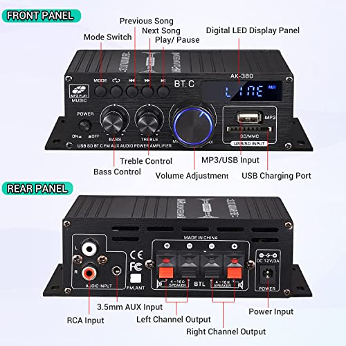 Facmogu AK380 Max 200Wx2 Mini Audio Power Amplifier, RMS 40Wx2 2.0 CH Bluetooth Receiver Speaker Amp with 12V 5A Power Supply, Bass & Treble Control Music Player Sound Amplifier for Car Home Garage