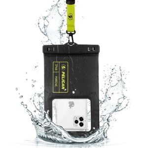 pelican marine - ip68 waterproof phone pouch (xl size) - floating waterproof phone case - iphone 15 pro max/ 14 pro max/ 13 pro max/ 12/ s23 ultra/ pixel 7 - detachable lanyard - black / hi-vis yellow