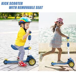 Wheelive 2 in 1 Kick Scooter with Removable Seat, 3 LED Wheels Kick Scooter for Kids, 4 Adjustable Height & Foldable Design Toddler Scooters Sit or Stand Ride for Boys & Girls 2-8 Years Old（Blue）