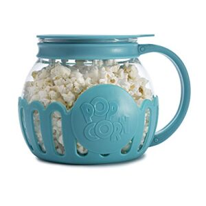 ecolution patented micro-pop microwave popcorn popper with temperature safe glass, 3-in-1 lid measures kernels and melts butter, made without bpa, dishwasher safe, 1.5-quart, teal