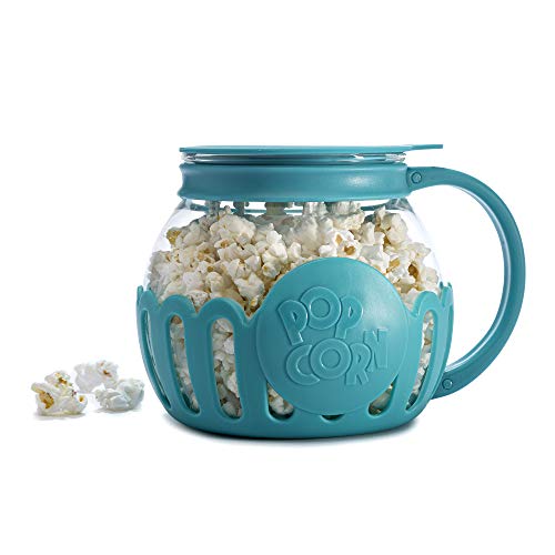 Ecolution Patented Micro-Pop Microwave Popcorn Popper with Temperature Safe Glass, 3-in-1 Lid Measures Kernels and Melts Butter, Made Without BPA, Dishwasher Safe, 1.5-Quart, Teal