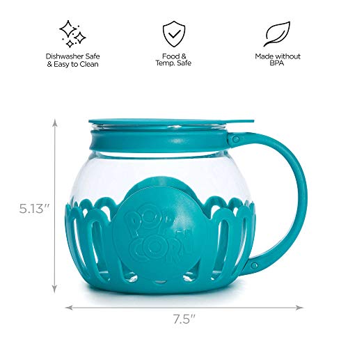 Ecolution Patented Micro-Pop Microwave Popcorn Popper with Temperature Safe Glass, 3-in-1 Lid Measures Kernels and Melts Butter, Made Without BPA, Dishwasher Safe, 1.5-Quart, Teal