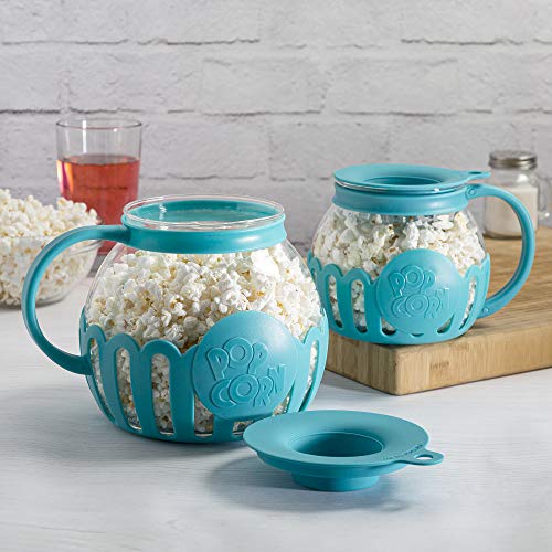 Ecolution Patented Micro-Pop Microwave Popcorn Popper with Temperature Safe Glass, 3-in-1 Lid Measures Kernels and Melts Butter, Made Without BPA, Dishwasher Safe, 1.5-Quart, Teal