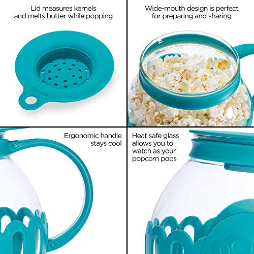 Ecolution Patented Micro-Pop Microwave Popcorn Popper with Temperature Safe Glass, 3-in-1 Lid Measures Kernels and Melts Butter, Made Without BPA, Dishwasher Safe, 1.5-Quart, Teal