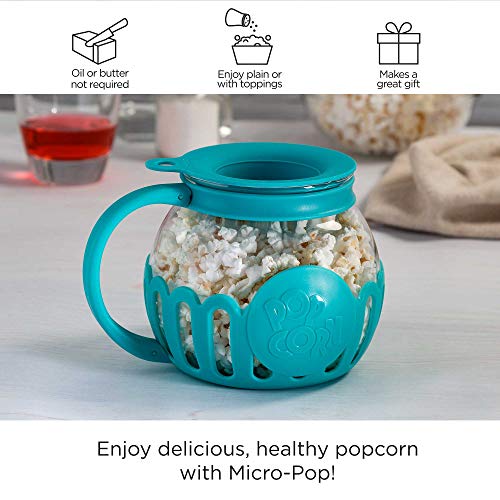 Ecolution Patented Micro-Pop Microwave Popcorn Popper with Temperature Safe Glass, 3-in-1 Lid Measures Kernels and Melts Butter, Made Without BPA, Dishwasher Safe, 1.5-Quart, Teal