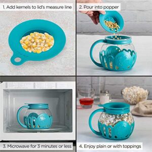 Ecolution Patented Micro-Pop Microwave Popcorn Popper with Temperature Safe Glass, 3-in-1 Lid Measures Kernels and Melts Butter, Made Without BPA, Dishwasher Safe, 1.5-Quart, Teal