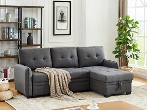 infini furnishings reversible storage chaise lounge 84" wide sectional sofa with pull out sleeper bed, dark gray