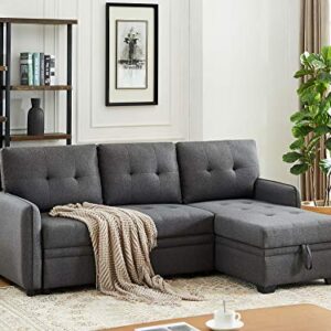 INFINI FURNISHINGS Reversible Storage Chaise Lounge 84" Wide Sectional Sofa with Pull Out Sleeper Bed, Dark Gray