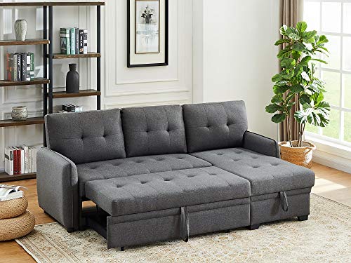 INFINI FURNISHINGS Reversible Storage Chaise Lounge 84" Wide Sectional Sofa with Pull Out Sleeper Bed, Dark Gray