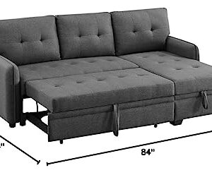 INFINI FURNISHINGS Reversible Storage Chaise Lounge 84" Wide Sectional Sofa with Pull Out Sleeper Bed, Dark Gray