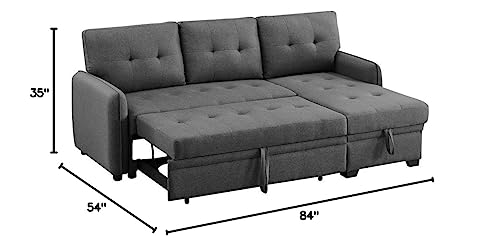 INFINI FURNISHINGS Reversible Storage Chaise Lounge 84" Wide Sectional Sofa with Pull Out Sleeper Bed, Dark Gray