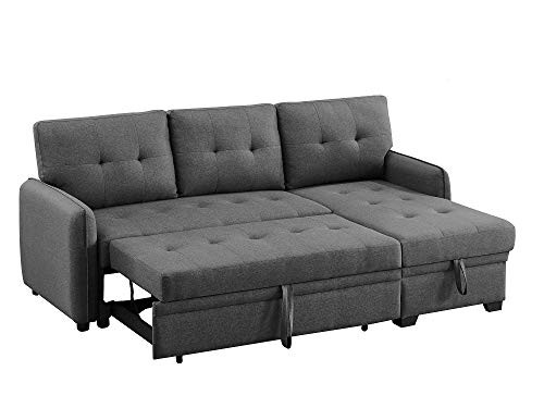 INFINI FURNISHINGS Reversible Storage Chaise Lounge 84" Wide Sectional Sofa with Pull Out Sleeper Bed, Dark Gray