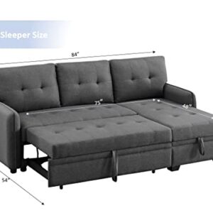 INFINI FURNISHINGS Reversible Storage Chaise Lounge 84" Wide Sectional Sofa with Pull Out Sleeper Bed, Dark Gray