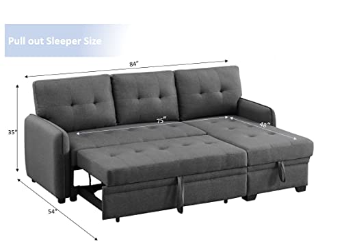 INFINI FURNISHINGS Reversible Storage Chaise Lounge 84" Wide Sectional Sofa with Pull Out Sleeper Bed, Dark Gray