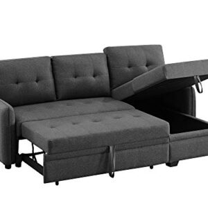 INFINI FURNISHINGS Reversible Storage Chaise Lounge 84" Wide Sectional Sofa with Pull Out Sleeper Bed, Dark Gray