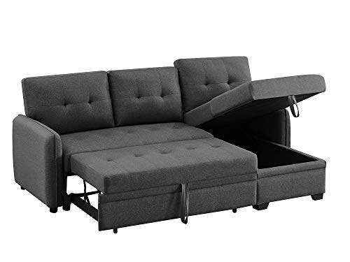 INFINI FURNISHINGS Reversible Storage Chaise Lounge 84" Wide Sectional Sofa with Pull Out Sleeper Bed, Dark Gray