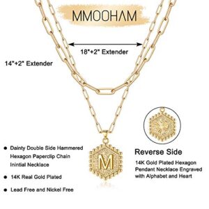 Dainty Layering Initial Necklaces for Women Trendy, Paperclip Chain Necklace for Women Simple Cute Hexagon Letter Pendant Initial M Necklace Choker Necklaces Gold Layered Necklaces for Women Trendy