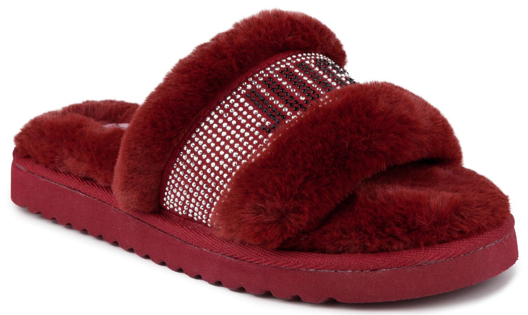 Juicy Couture Women's Slide Sandals With Faux Fur Slipper Sandals, Furry Slides, Womens Slip On Slippers-Halo-Burgundy-6