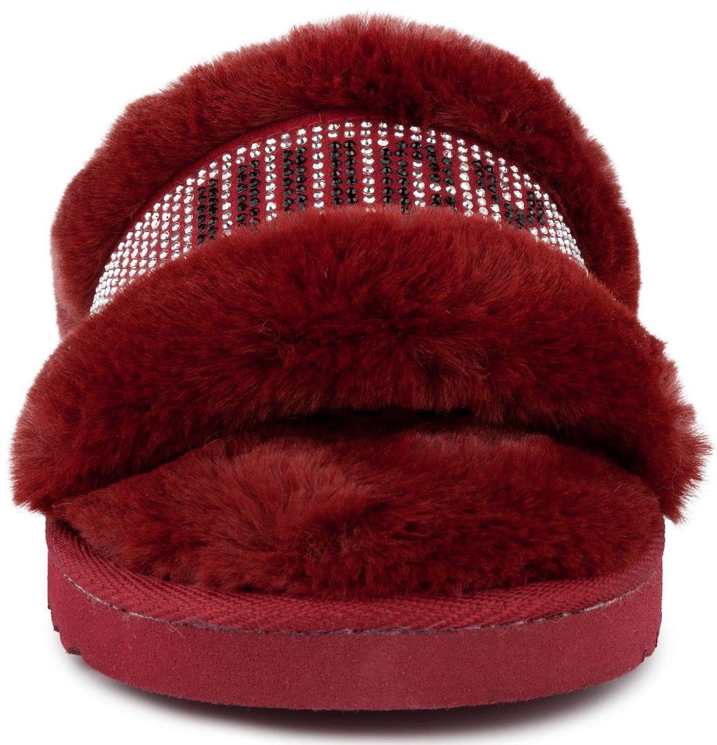 Juicy Couture Women's Slide Sandals With Faux Fur Slipper Sandals, Furry Slides, Womens Slip On Slippers-Halo-Burgundy-6