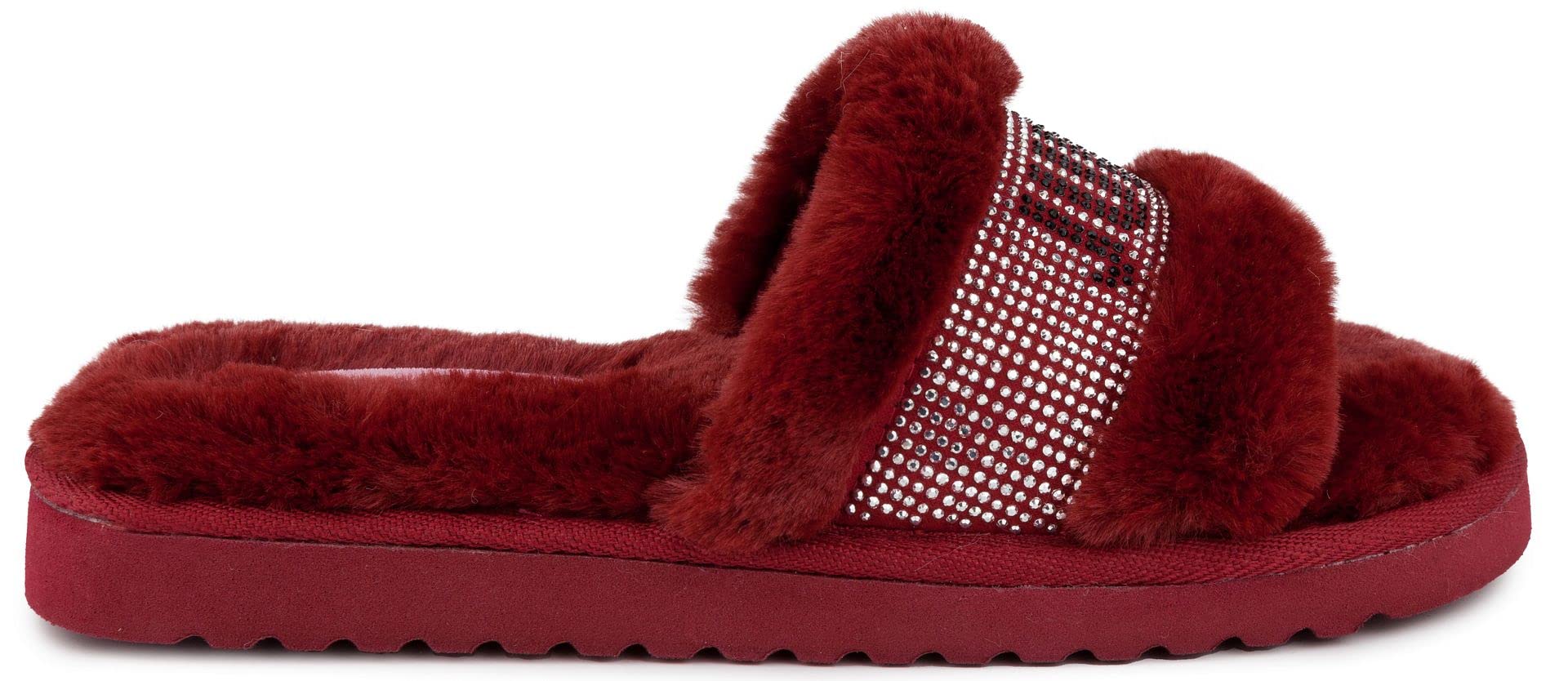 Juicy Couture Women's Slide Sandals With Faux Fur Slipper Sandals, Furry Slides, Womens Slip On Slippers-Halo-Burgundy-6