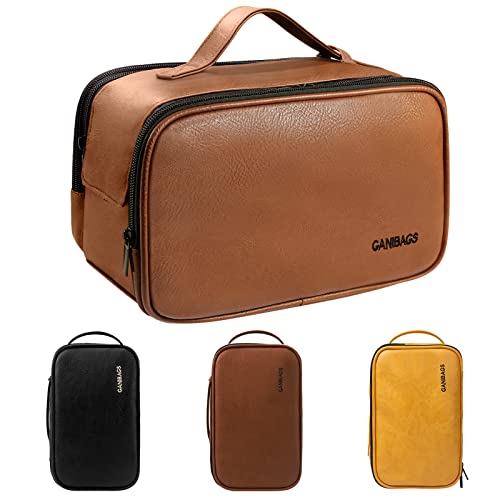 GANIBAGS Leather Toiletry Bag for Men, Travel Organizer Dopp Kit Waterproof Shaving Bag for Toiletries Accessories, Brown