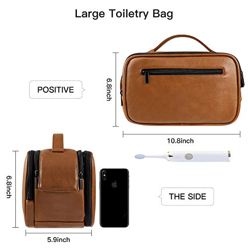 GANIBAGS Leather Toiletry Bag for Men, Travel Organizer Dopp Kit Waterproof Shaving Bag for Toiletries Accessories, Brown