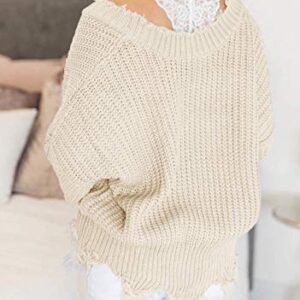 LEANI Women's Loose Knitted Sweater Long Sleeve V-Neck Ripped Pullover Sweaters Crop Top Knit Jumper Beige