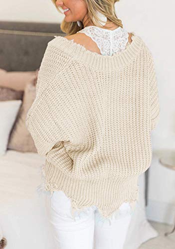 LEANI Women's Loose Knitted Sweater Long Sleeve V-Neck Ripped Pullover Sweaters Crop Top Knit Jumper Beige