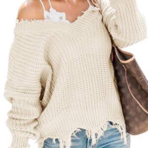 LEANI Women's Loose Knitted Sweater Long Sleeve V-Neck Ripped Pullover Sweaters Crop Top Knit Jumper Beige