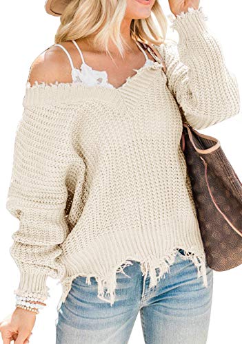 LEANI Women's Loose Knitted Sweater Long Sleeve V-Neck Ripped Pullover Sweaters Crop Top Knit Jumper Beige