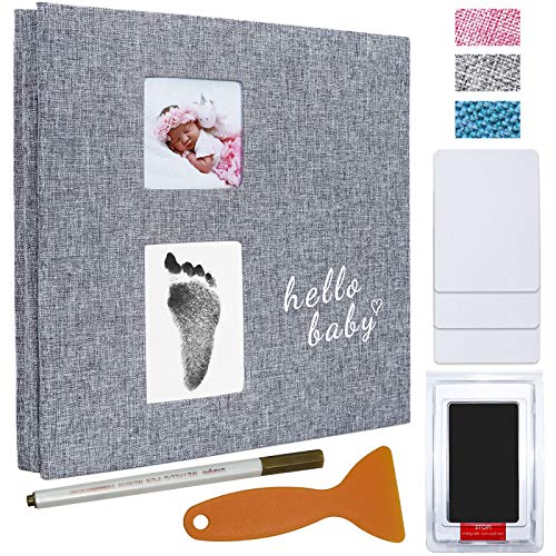 Vienrose Baby Photo Album Self Adhesive Memory Book 4x6 Magnetic Scrapbook Kit with Clean-Touch Ink Pad Handprint Footprint and A Metallic Pen for Boy/Girl 2 Windows 40 Pages Grey