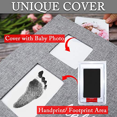 Vienrose Baby Photo Album Self Adhesive Memory Book 4x6 Magnetic Scrapbook Kit with Clean-Touch Ink Pad Handprint Footprint and A Metallic Pen for Boy/Girl 2 Windows 40 Pages Grey