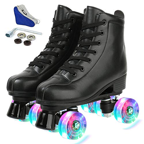 Womens Roller Skates Artificial Leather Adjustable Double Row 4 Wheels Roller Skates Shiny High-Top Outdoor Roller Skate for Teens,Adult (Black Flash Wheel, 39/US 8.5)