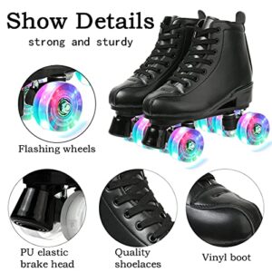 Womens Roller Skates Artificial Leather Adjustable Double Row 4 Wheels Roller Skates Shiny High-Top Outdoor Roller Skate for Teens,Adult (Black Flash Wheel, 39/US 8.5)