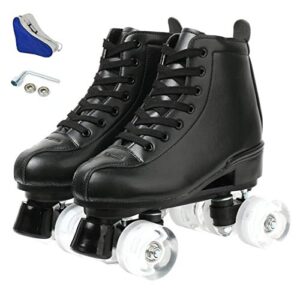 Womens Roller Skates Artificial Leather Adjustable Double Row 4 Wheels Roller Skates Shiny High-Top Outdoor Roller Skate for Teens,Adult (Black Flash Wheel, 39/US 8.5)