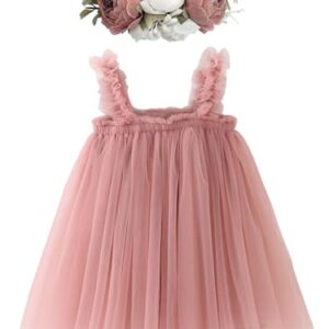 BGFKS Layered Tulle Tutu Dress for Toddler Girls,Baby Girl Rainbow Tutu Princess Skirt Set with Flower Headband.(Dusty Rose,3T)