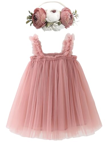 BGFKS Layered Tulle Tutu Dress for Toddler Girls,Baby Girl Rainbow Tutu Princess Skirt Set with Flower Headband.(Dusty Rose,3T)