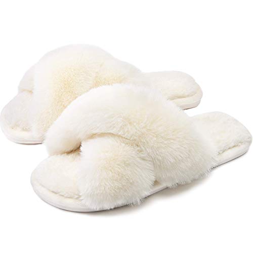 Womens Cross Band Slippers Cozy Furry Fuzzy House Slippers Open Toe Fluffy Indoor Shoes Outdoor Slip on Warm Breathable Anti-skid Sole Beige 7-8 M