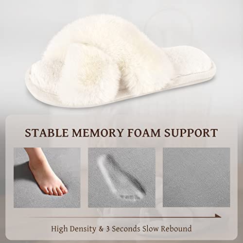 Womens Cross Band Slippers Cozy Furry Fuzzy House Slippers Open Toe Fluffy Indoor Shoes Outdoor Slip on Warm Breathable Anti-skid Sole Beige 7-8 M