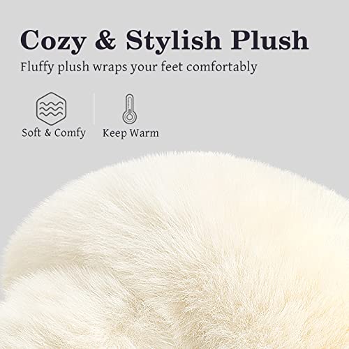 Womens Cross Band Slippers Cozy Furry Fuzzy House Slippers Open Toe Fluffy Indoor Shoes Outdoor Slip on Warm Breathable Anti-skid Sole Beige 7-8 M